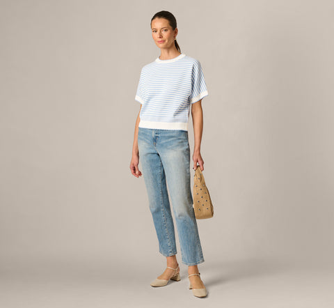 Dolman Sleeve Scalloped Trim Sweater In Ivory Classic Blue - Adrianna ...