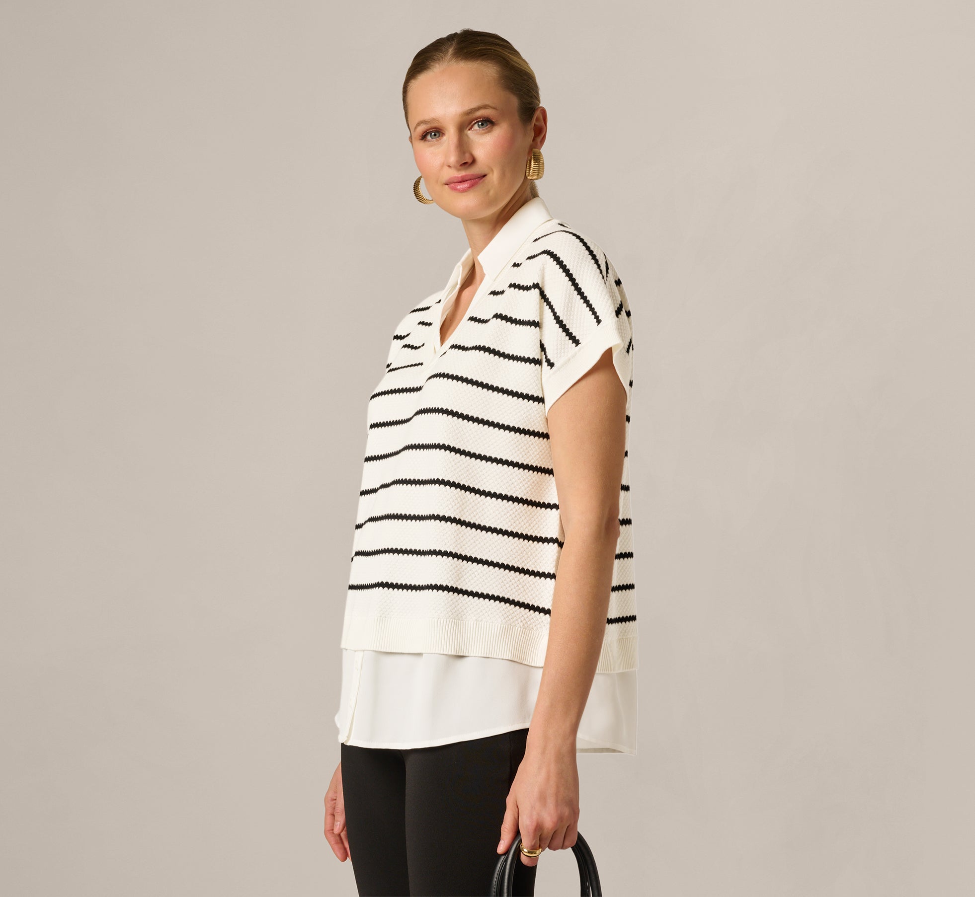 Ivory Short Sleeve Drop Shoulder Twofer Sweater - Adrianna Papell