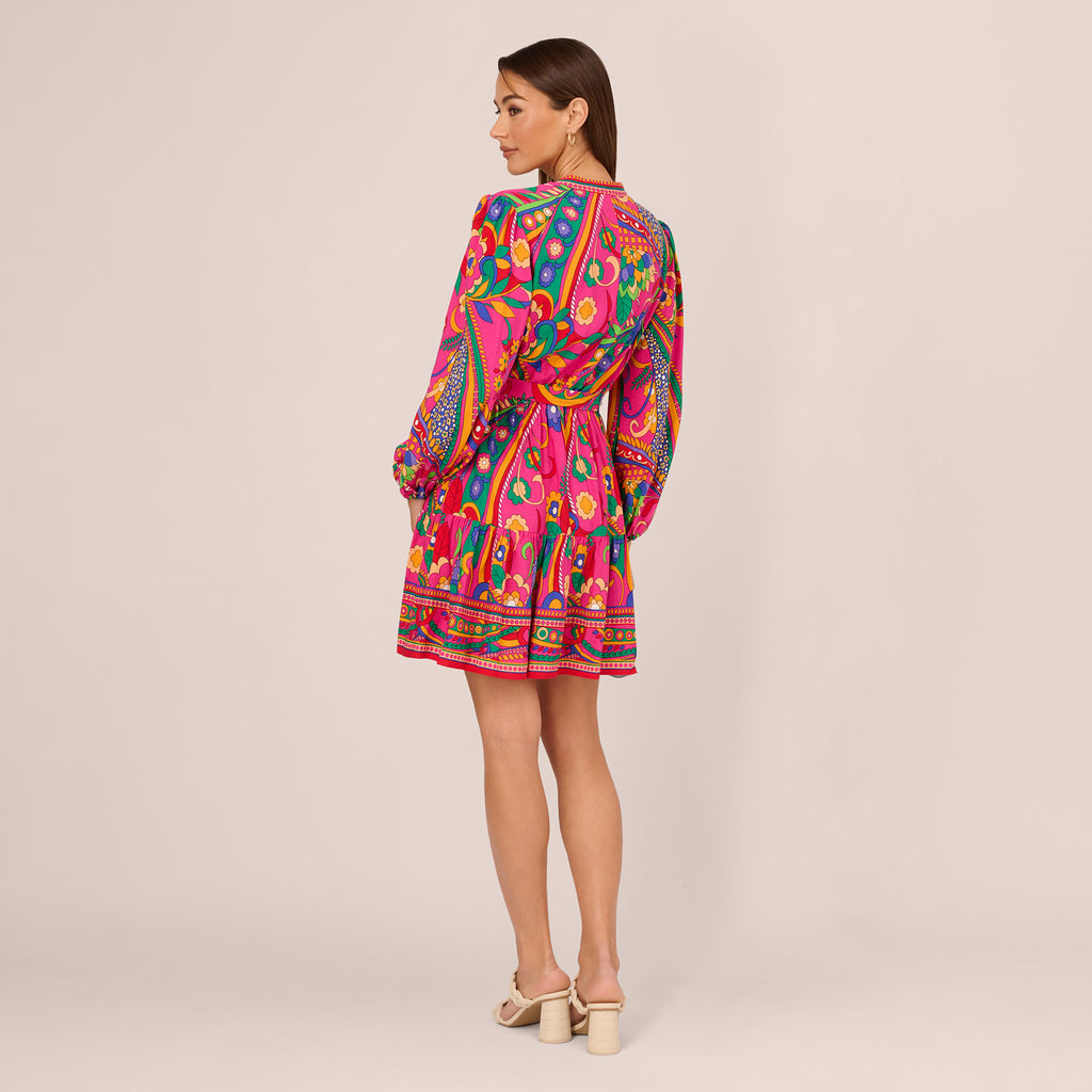 Long Sleeve Retro Printed A Line Dress In Pink Multi | Adrianna Papell