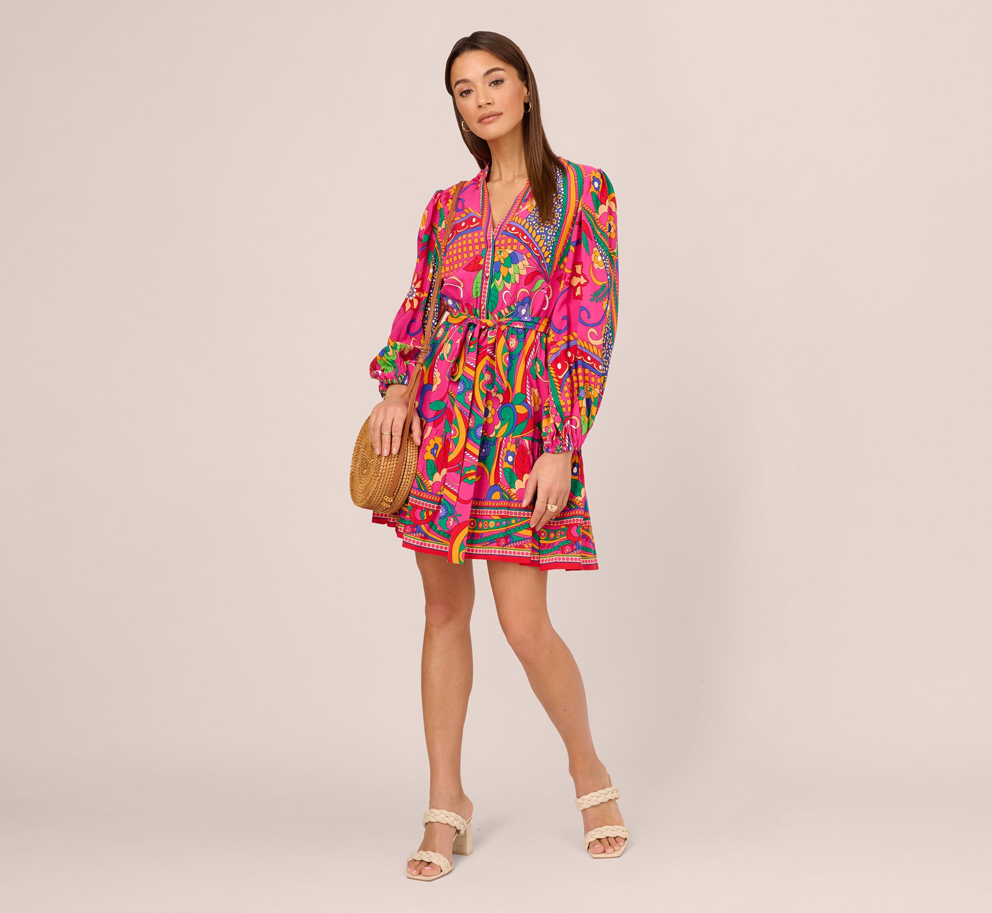 Long Sleeve Retro Printed A Line Dress In Pink Multi – Adrianna Papell