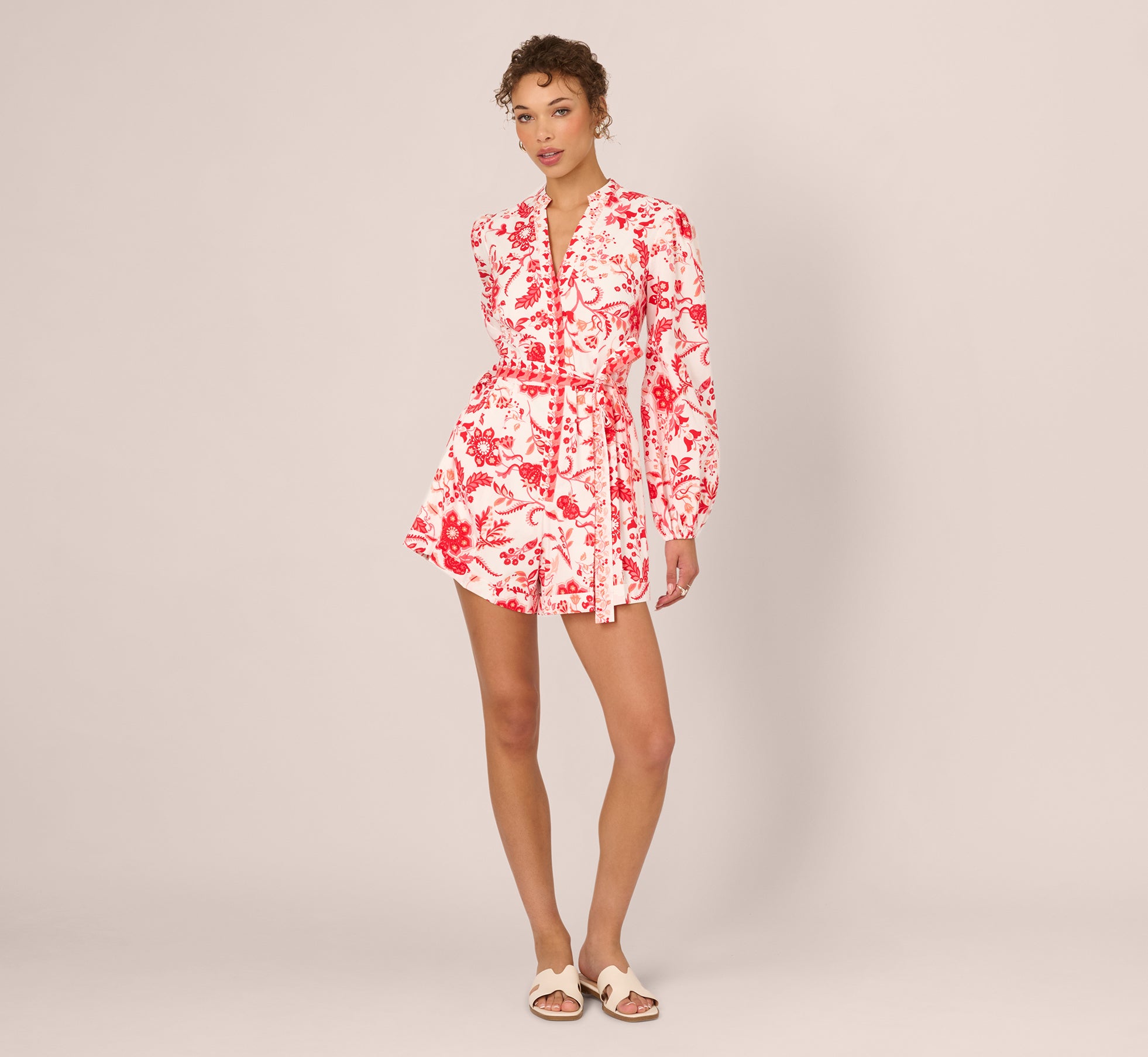 Coral Long Sleeve Tie Front Floral Romper - Adrianna Papell