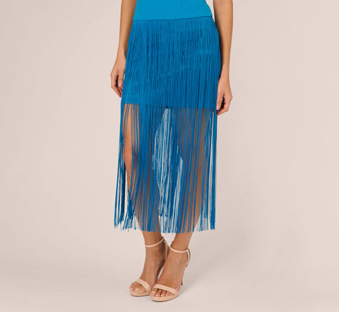 Crepe Fringe Dress With Double Spaghetti Straps And V Back In Deep Cer ...