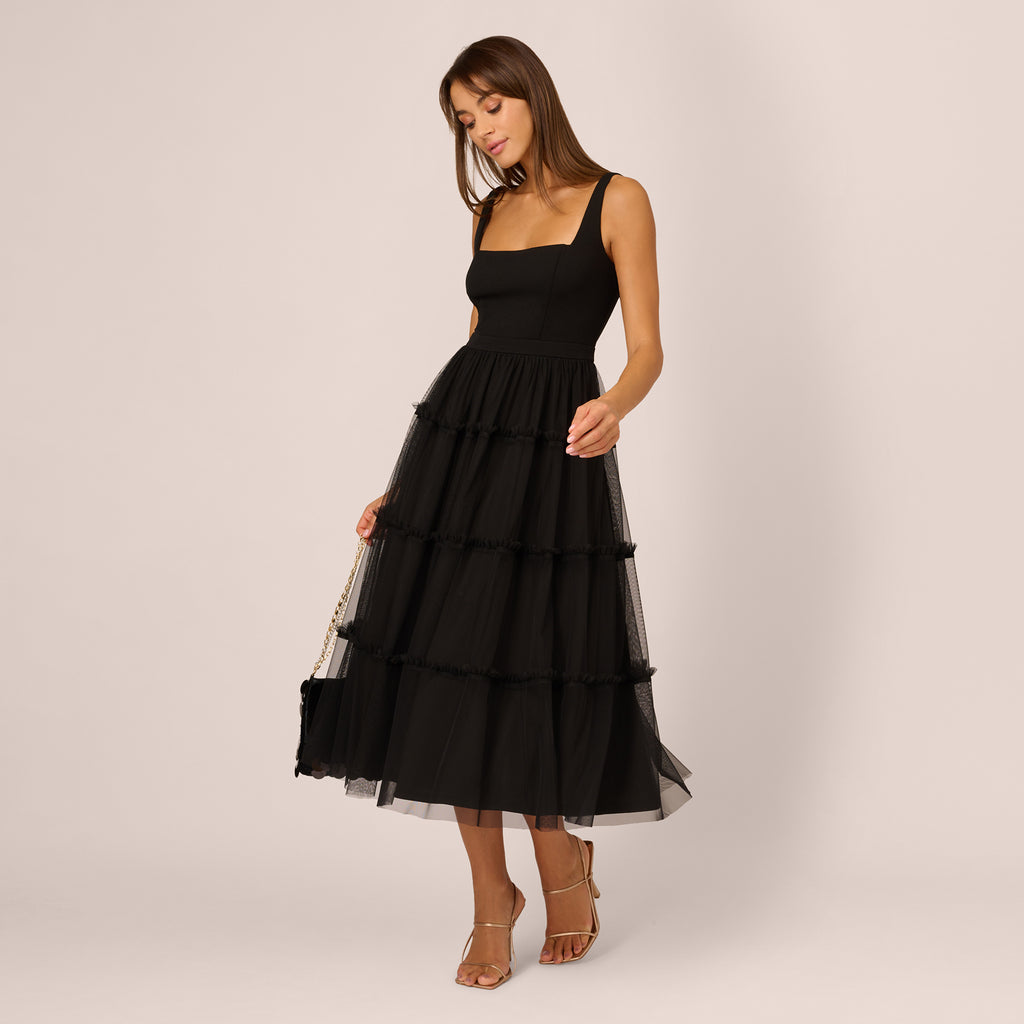 Sleeveless Midi Dress With Square Neck And Tiered Skirt In Black ...