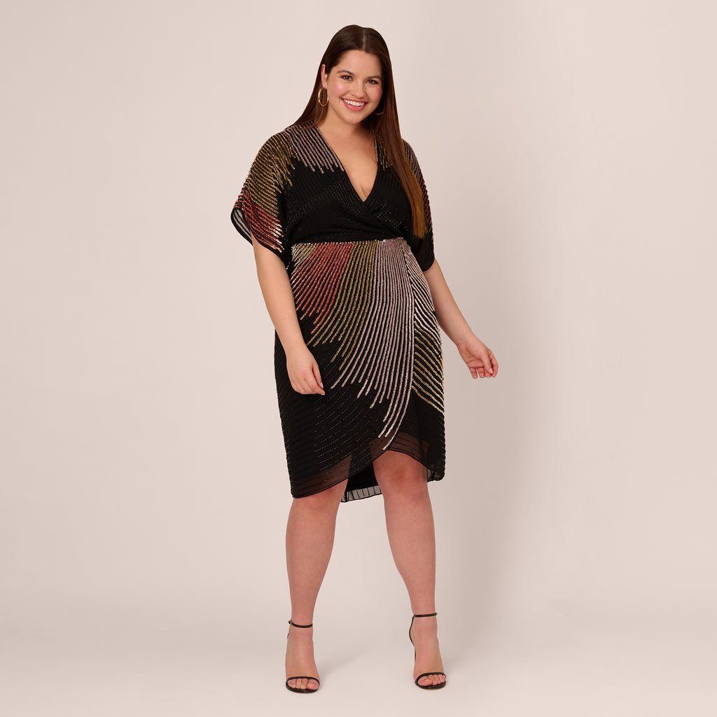 Plus Size Beaded Faux Wrap Dress With Dolman Sleeves In Black Bronze ...