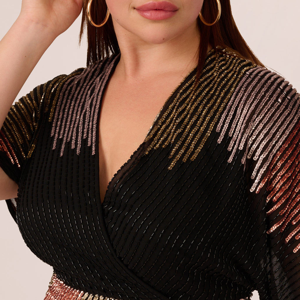 Plus Size Beaded Faux Wrap Dress With Dolman Sleeves In Black Bronze ...