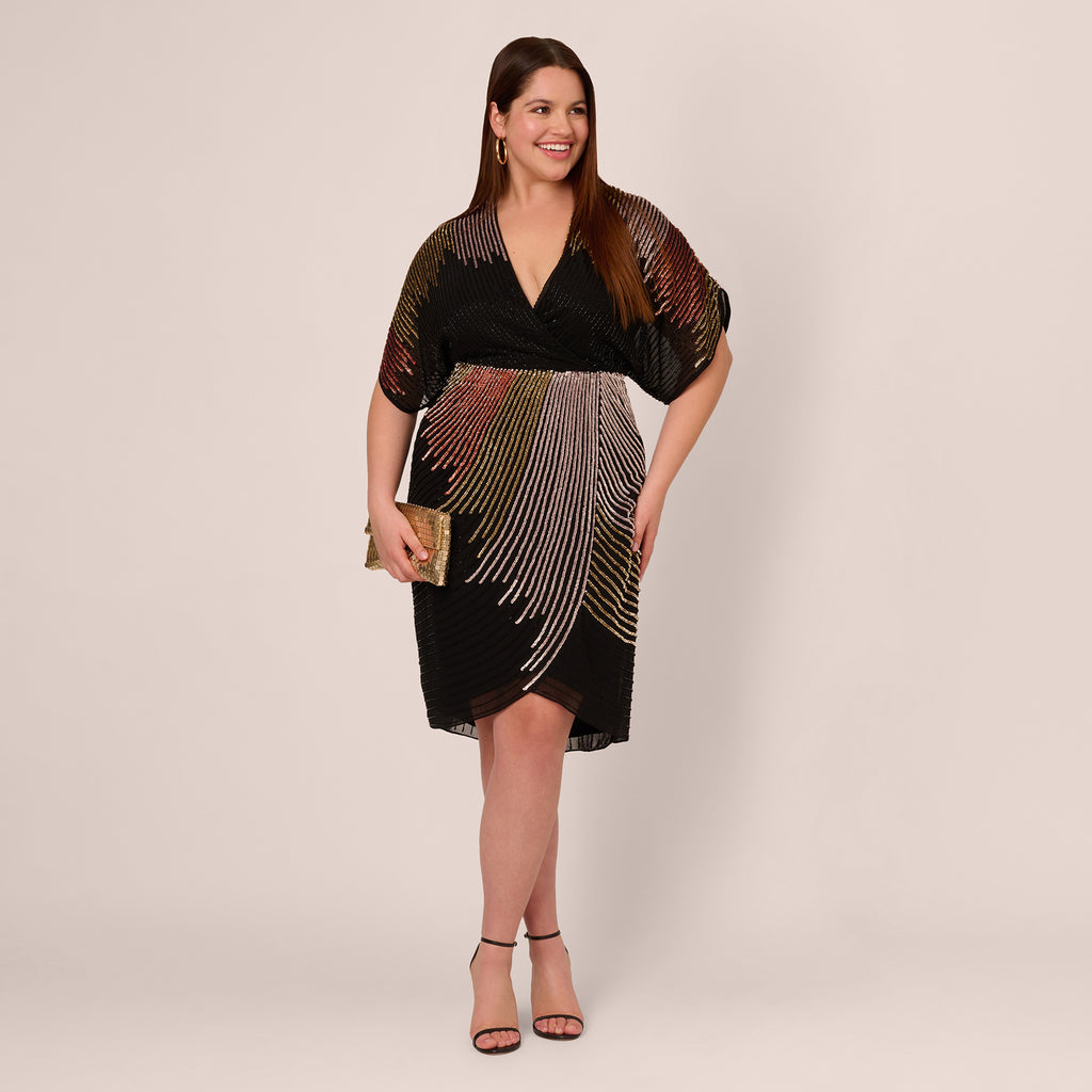 Plus Size Beaded Faux Wrap Dress With Dolman Sleeves In Black Bronze ...