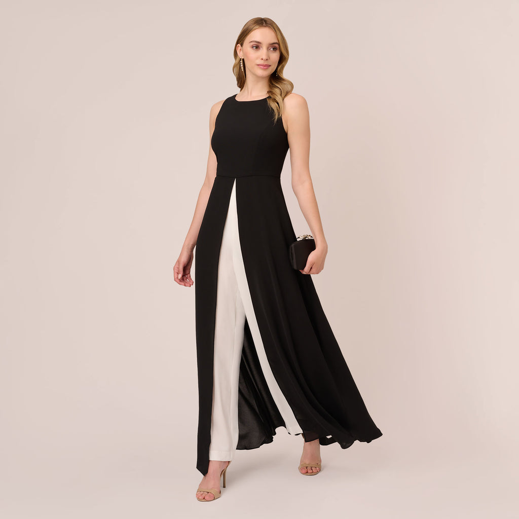 Colorblock Jumpsuit With Skirt Overlay In Black Ivory | Adrianna Papell
