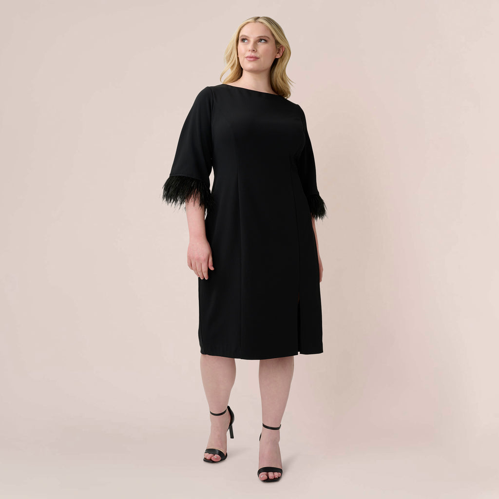 Plus Size Crepe Sheath Dress With V-Back And Feather-Trim Sleeves In B ...