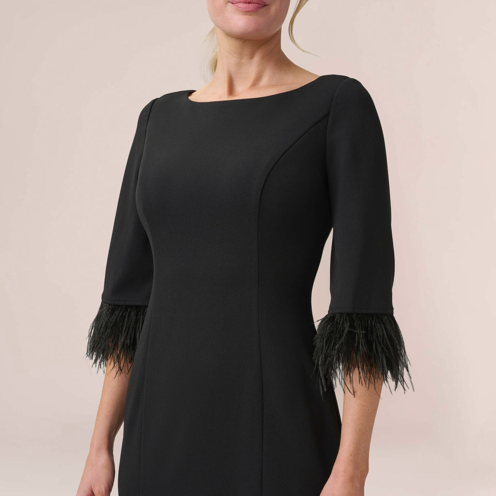 Crepe Sheath Dress With V-Back And Feather-Trim Sleeves In Black ...