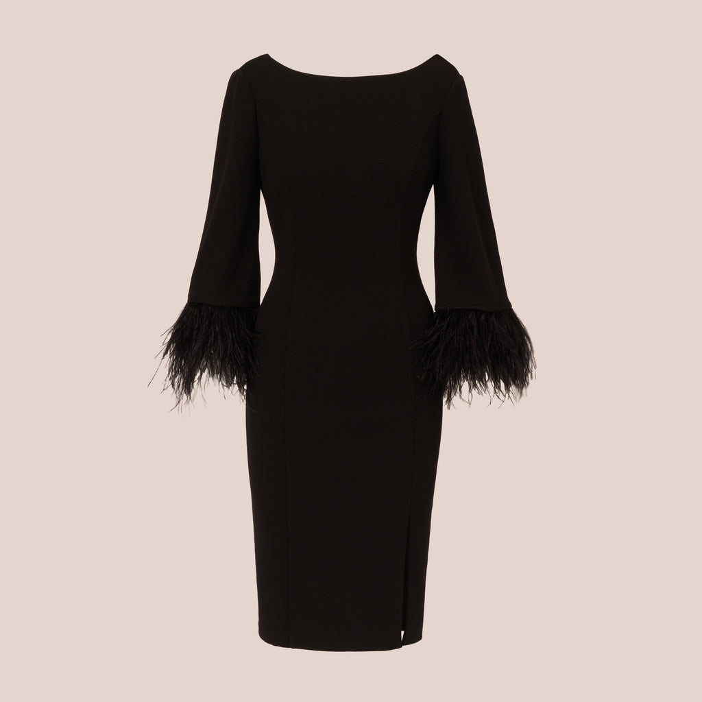 Crepe Sheath Dress With V-Back And Feather-Trim Sleeves In Black ...