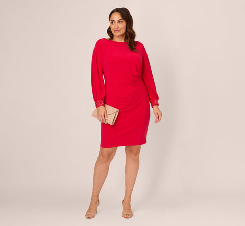 Plus Size Long Sleeve Draped Jersey Dress With Beaded Cuffs In Hot Rub ...