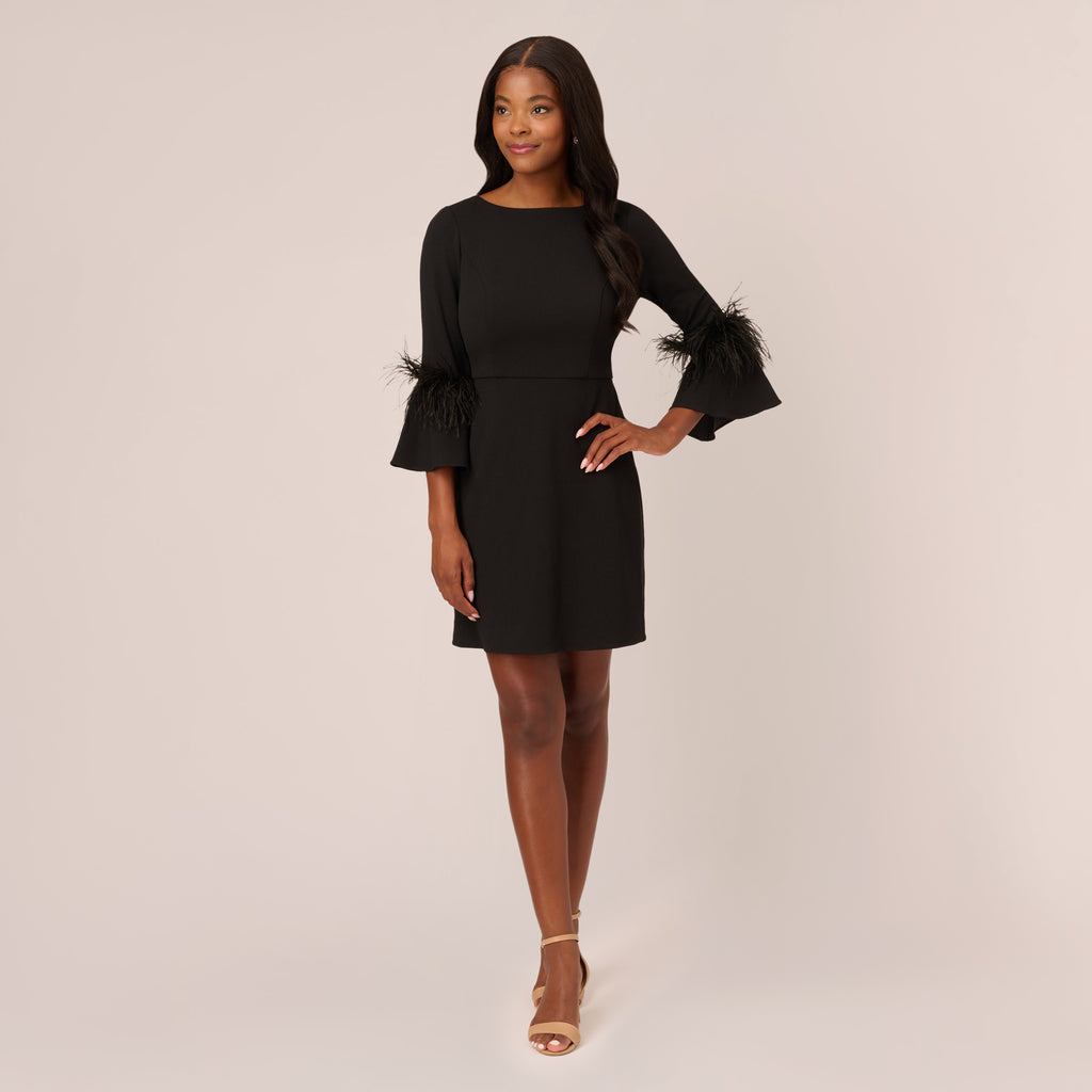 Crepe A-Line Dress With Feather-Trimmed Sleeves In Black | Adrianna Papell