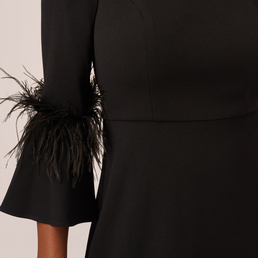 Crepe A-Line Dress With Feather-Trimmed Sleeves In Black | Adrianna Papell