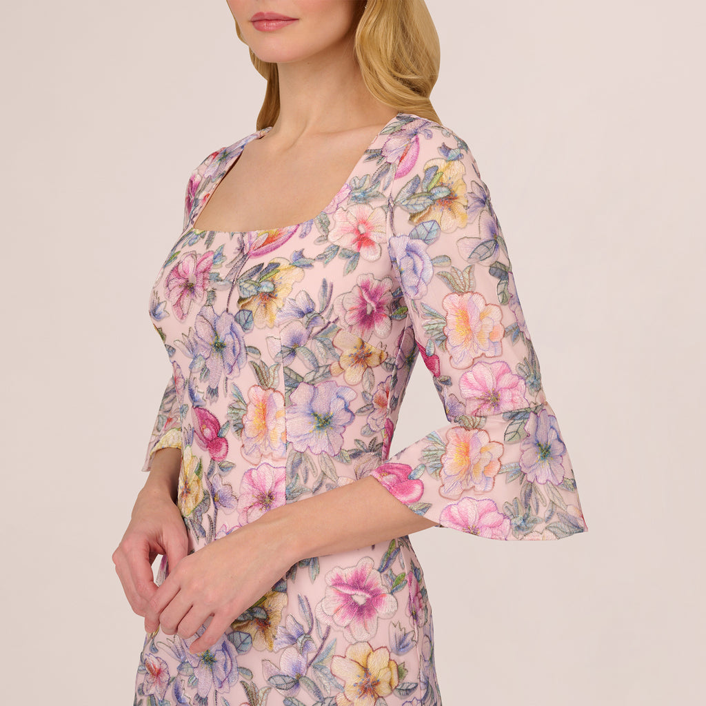 Floral Embroidered Sheath Dress With Three Quarter Bell Sleeves In Blu ...