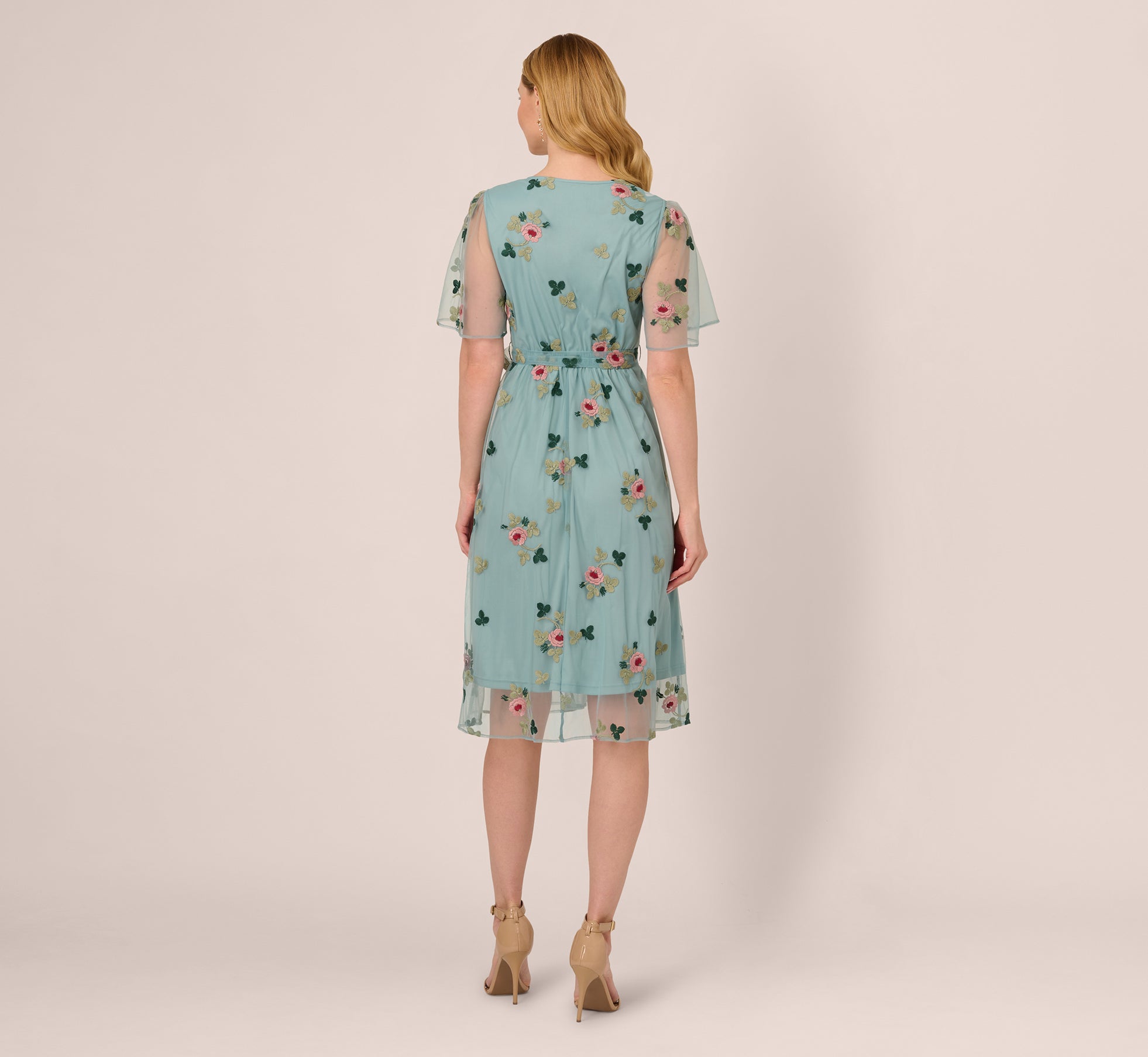 Flutter Sleeve Surplice Embroidered Midi Dress In Slate Multi ...