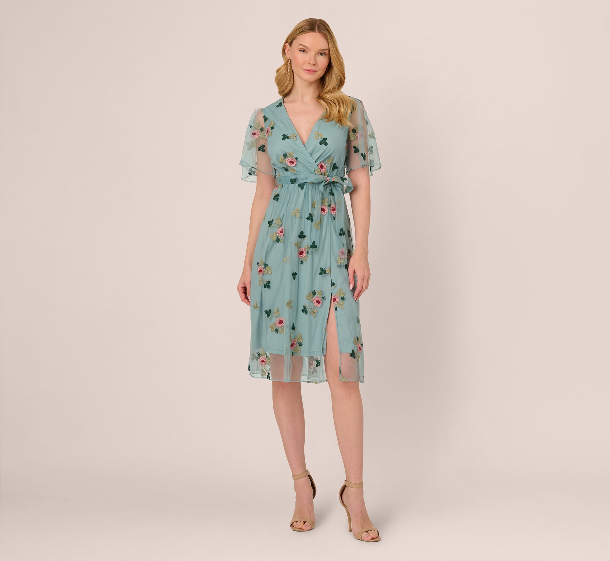 Flutter Sleeve Surplice Embroidered Midi Dress In Slate Multi ...