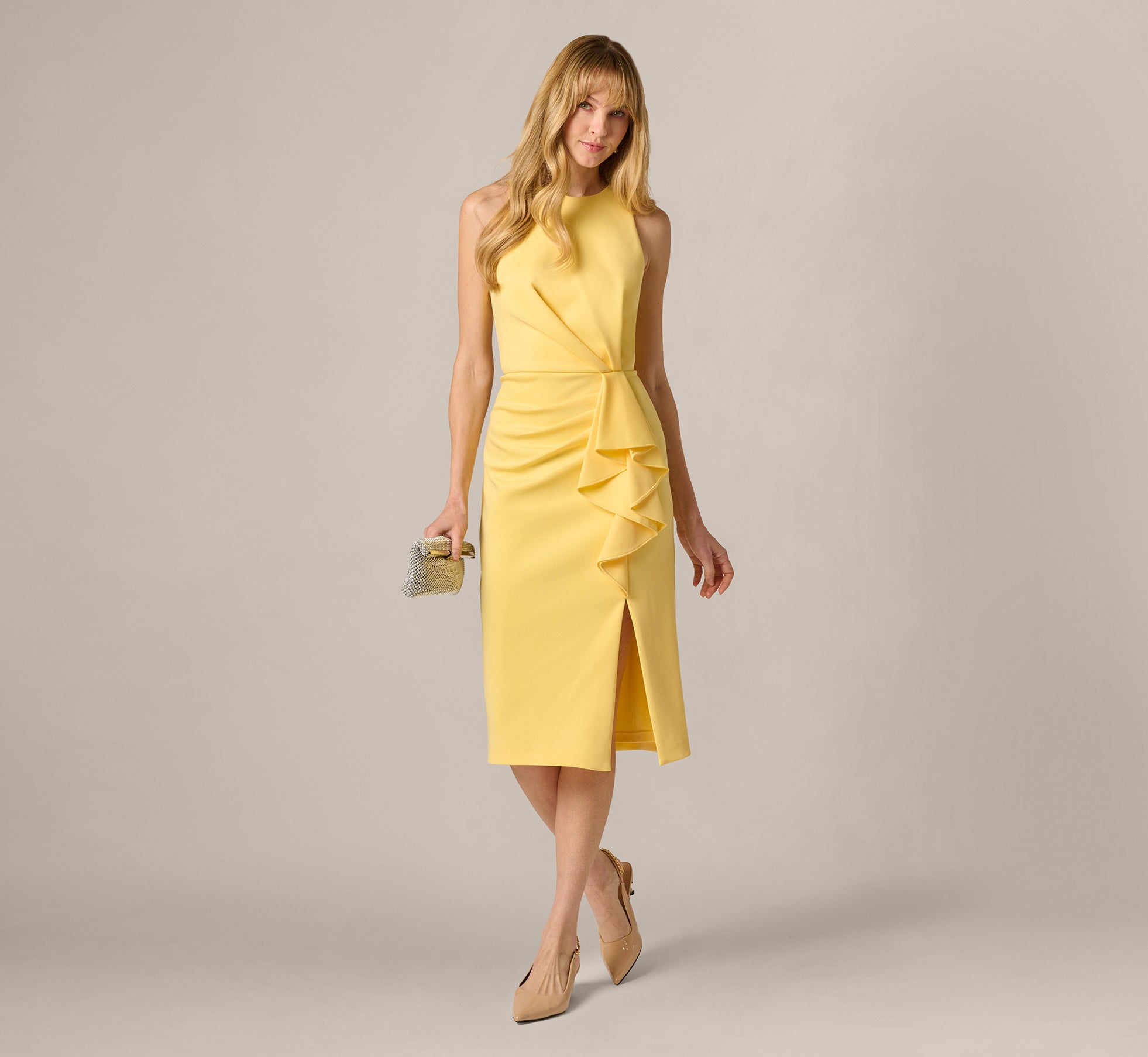 Sleeveless Draped Stretch Sheath Dress In Warm Sun - Adrianna Papell