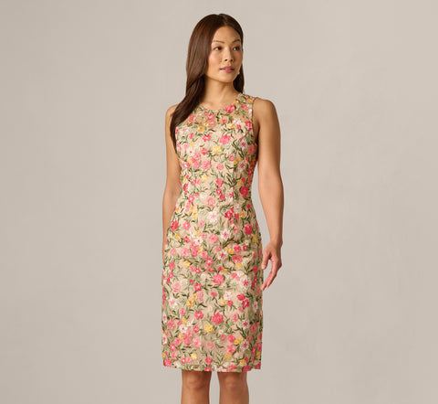 Multi Colored Floral Embroidered Illusion Sheath Dress - Adrianna Papell