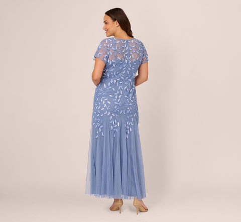 Plus Size Hand Beaded Short Sleeve Floral Godet Gown In French Blue ...