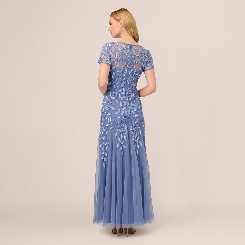 Hand Beaded Short Sleeve Floral Godet Gown In French Blue | Adrianna Papell