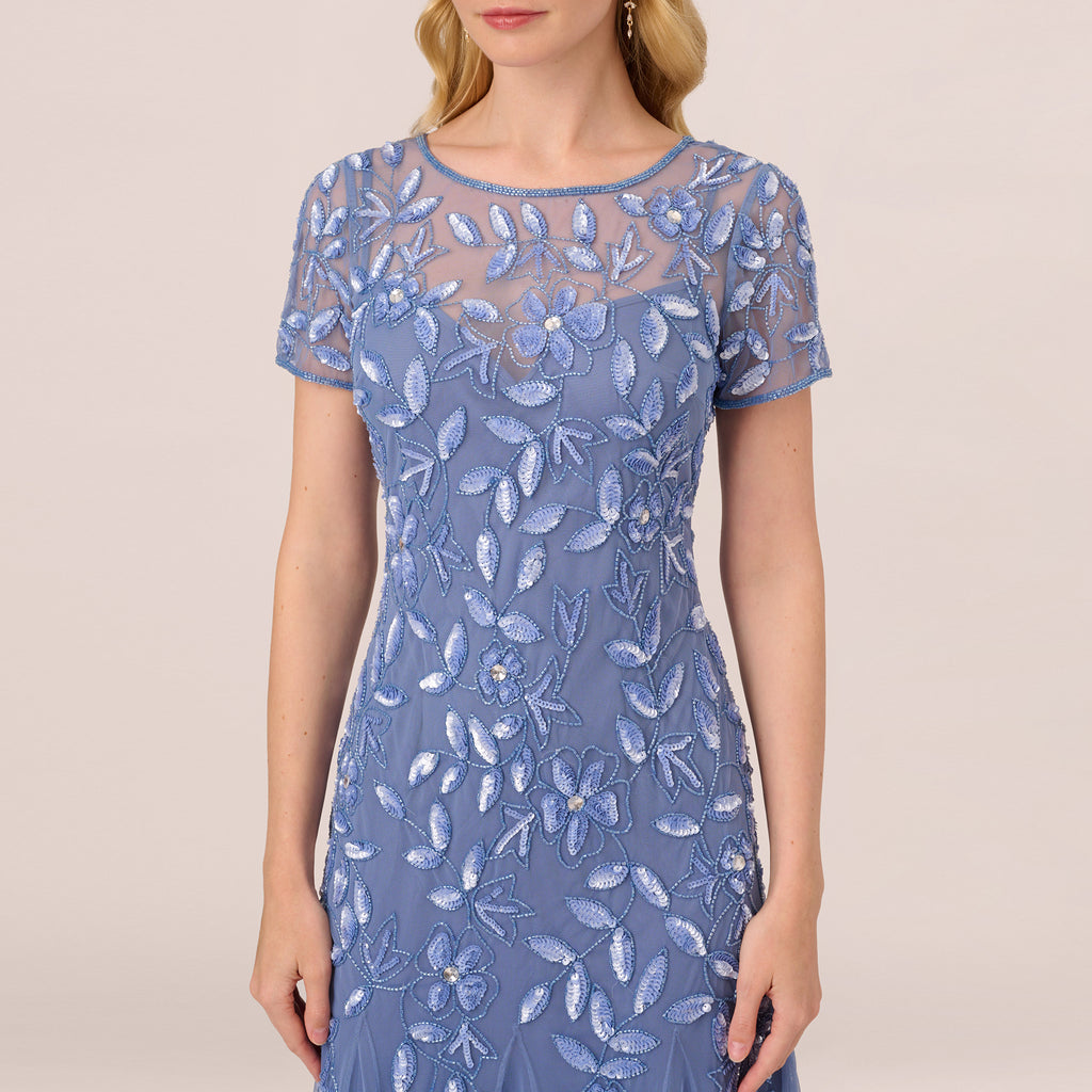 Hand Beaded Short Sleeve Floral Godet Gown In French Blue | Adrianna Papell