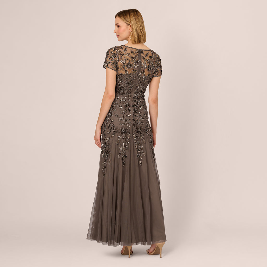 Hand Beaded Short Sleeve Floral Godet Gown In Lead | Adrianna Papell