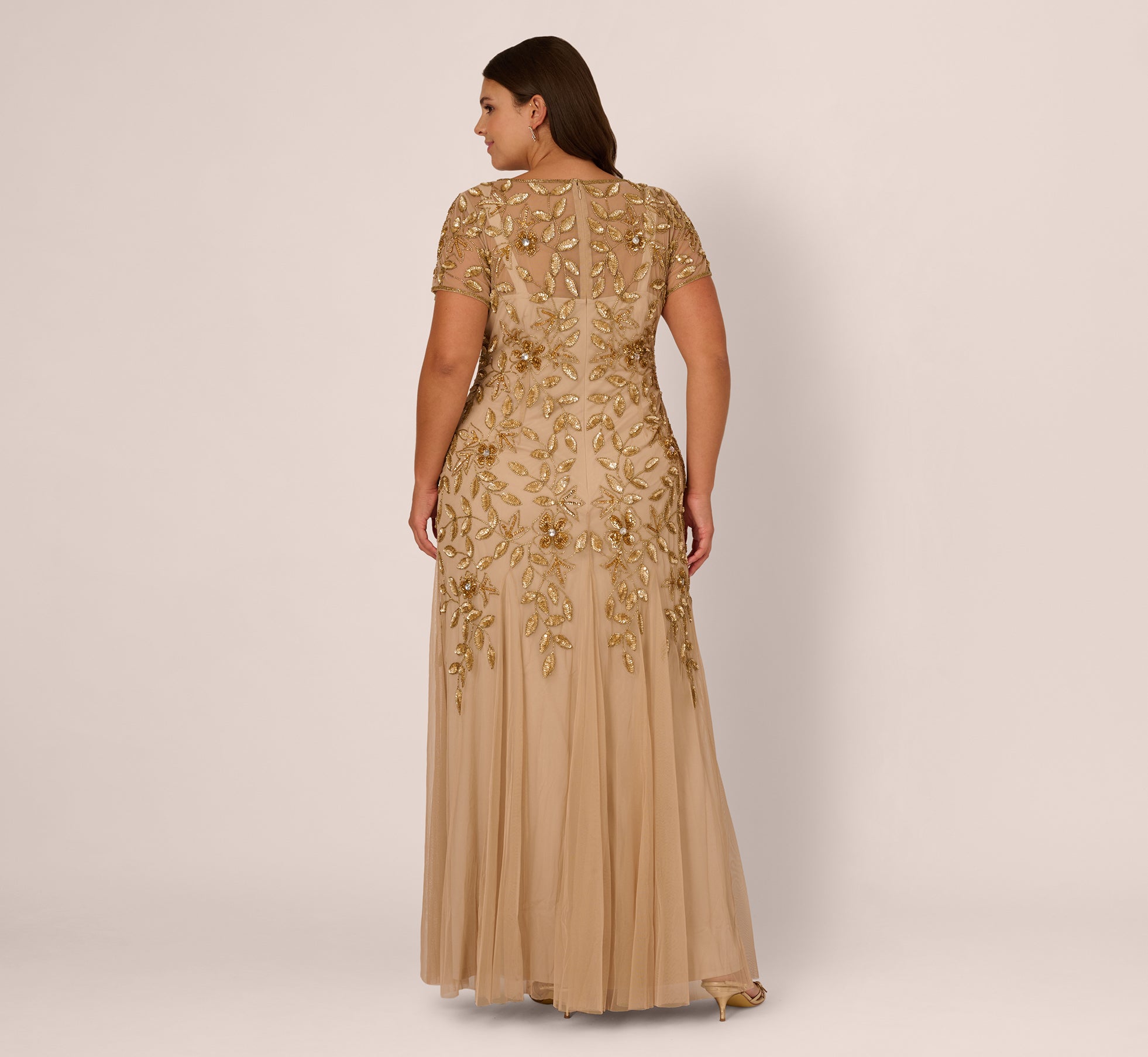 Gold Plus Size Hand Beaded Short Sleeve Floral Godet Gown - Adrianna Papell