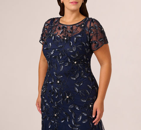 Plus Size Hand Beaded Short Sleeve Floral Godet Gown In Light Navy ...