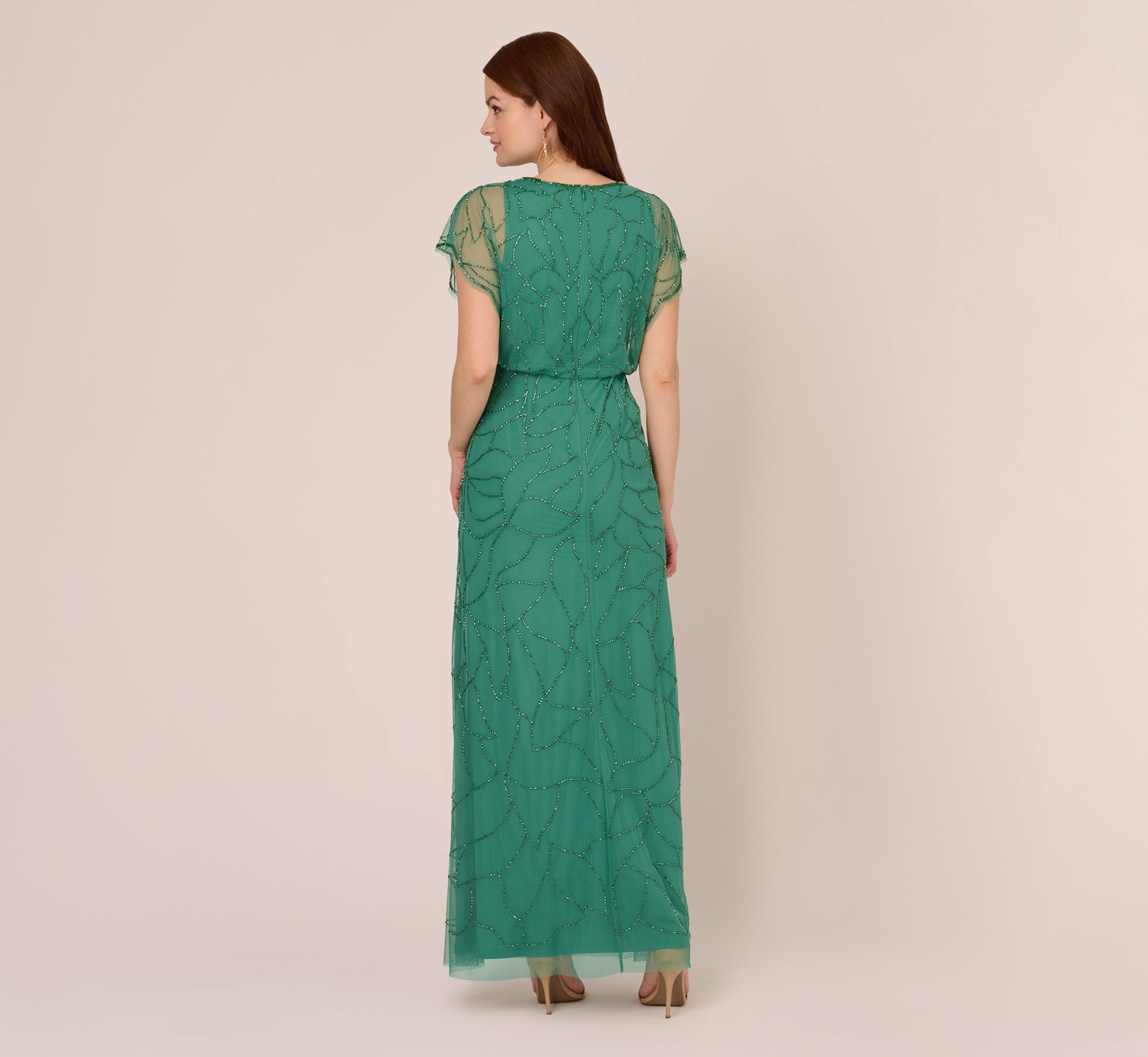 Beaded Blouson Mermaid Gown With Sheer Dolman Sleeves In Jungle Green ...