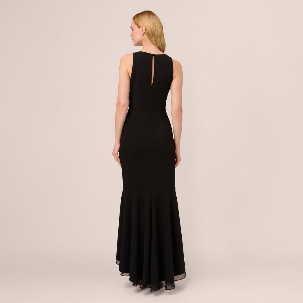 High Low Crepe Halter Gown With Organza Draping In Black | Adrianna Papell