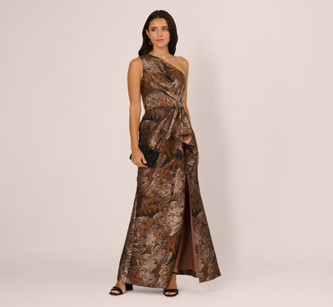 One Shoulder Jacquard Mermaid Gown With Drape Detail In Copper Chocola ...