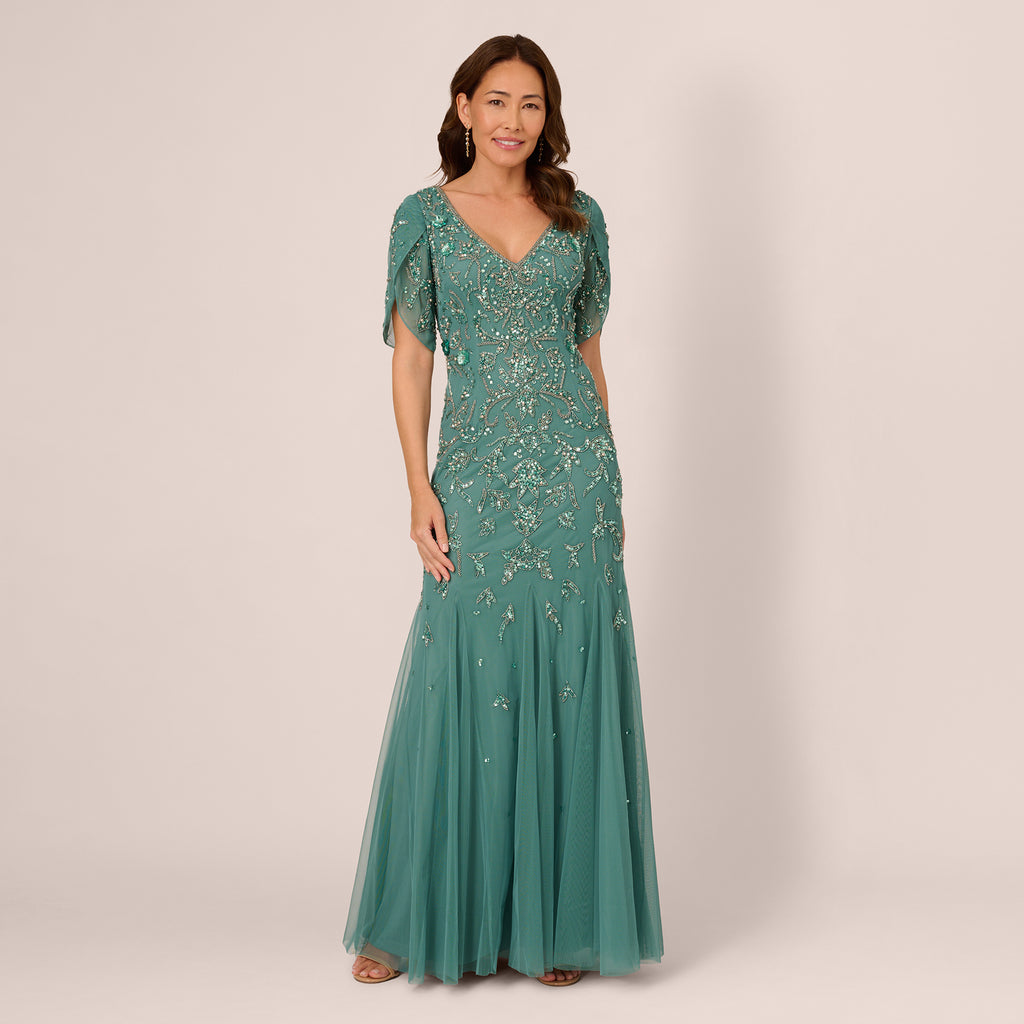 Beaded Mermaid Gown With Sheer Petal Sleeves In Green Slate | Adrianna ...