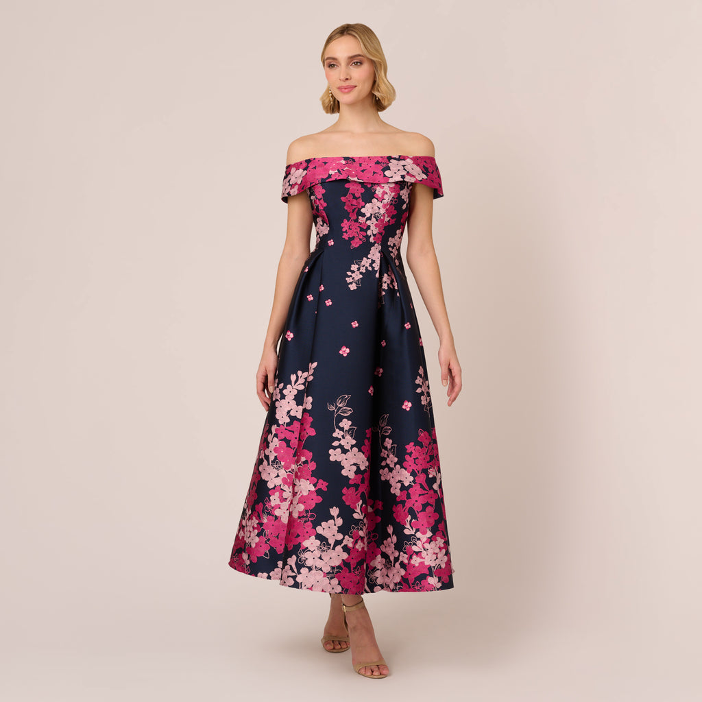 Floral Jacquard Ankle Length Dress With Off The Shoulder Neckline In N ...