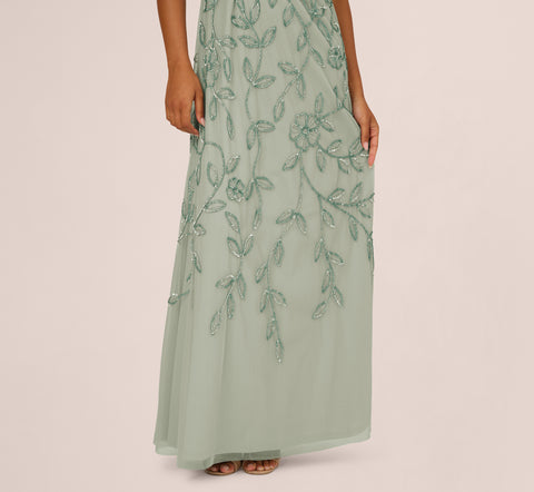 Blue Sleeveless Blouson Mermaid Gown With Jasmine Beading - Adrianna Papell