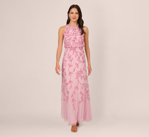 Pink Sleeveless Blouson Mermaid Gown With Jasmine Beading - Adrianna Papell