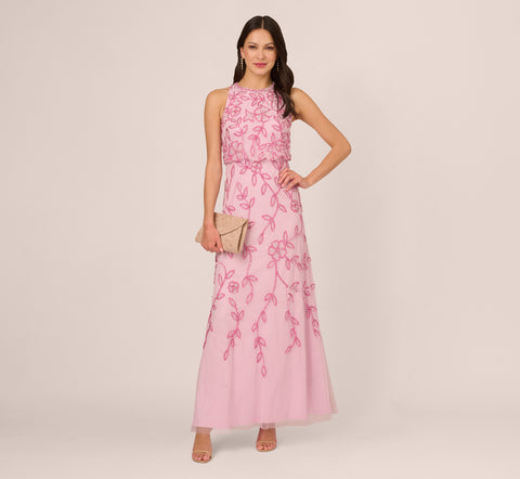 Pink Sleeveless Blouson Mermaid Gown With Jasmine Beading - Adrianna Papell