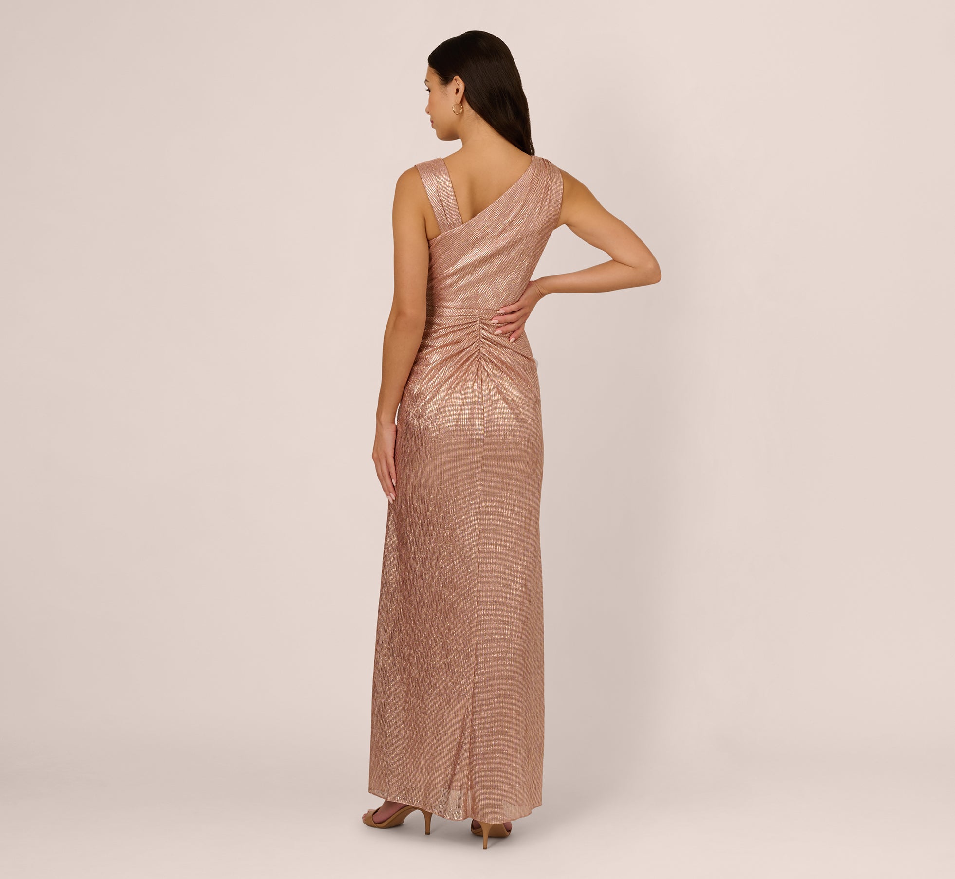 Draped Metallic Foil Long Dress In Rose Gold - Adrianna Papell
