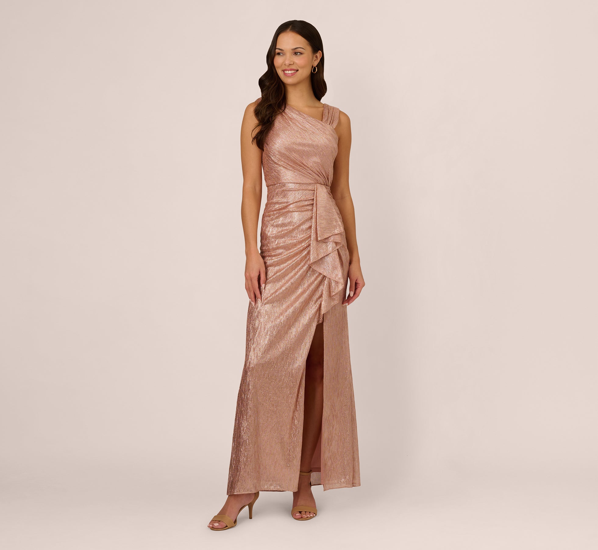 Draped Metallic Foil Long Dress In Rose Gold - Adrianna Papell