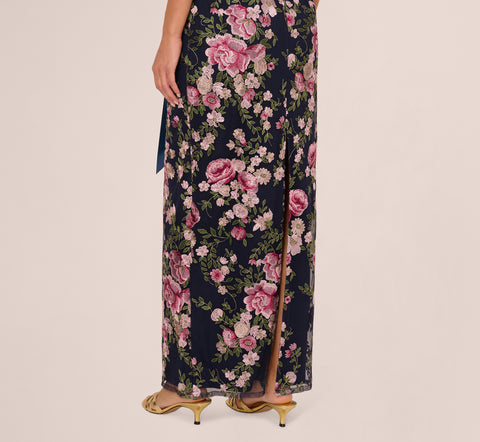 Navy Embroidered Floral Cap Sleeve Column Gown - Adrianna Papell