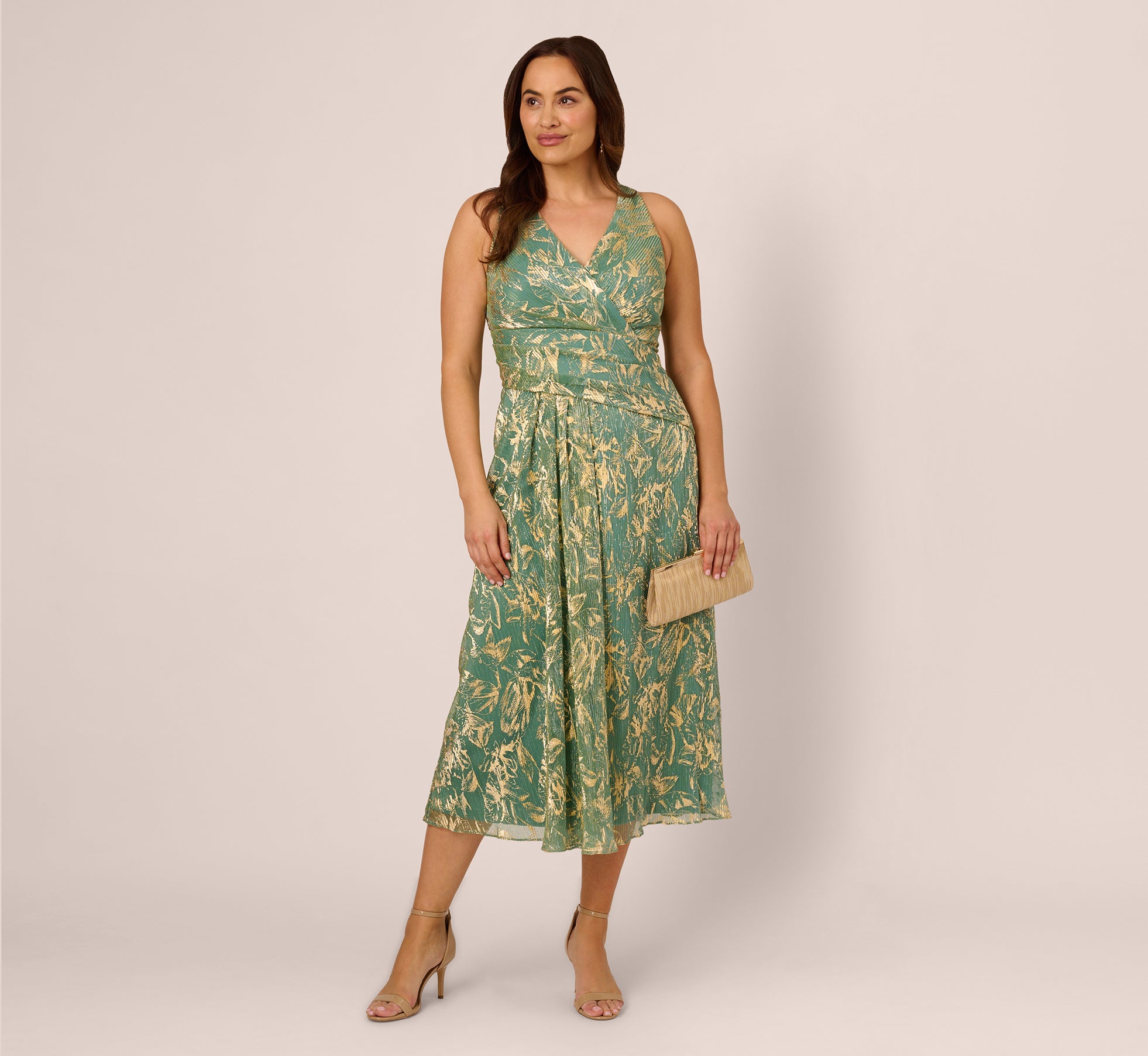 Plus Size Sleeveless Metallic Crinkle Midi Dress In Sage Gold ...