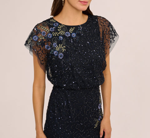 Navy Short Sleeve Beaded Floral Embroidery Gown - Adrianna Papell
