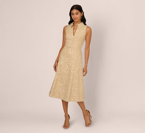 Gold Collared Sequin Tweed Midi Dress - Adrianna Papell