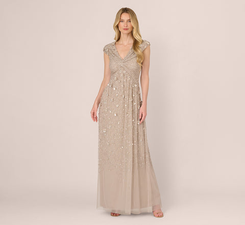 Marble Cap Sleeve Beaded Sequin Floral Gown - Adrianna Papell
