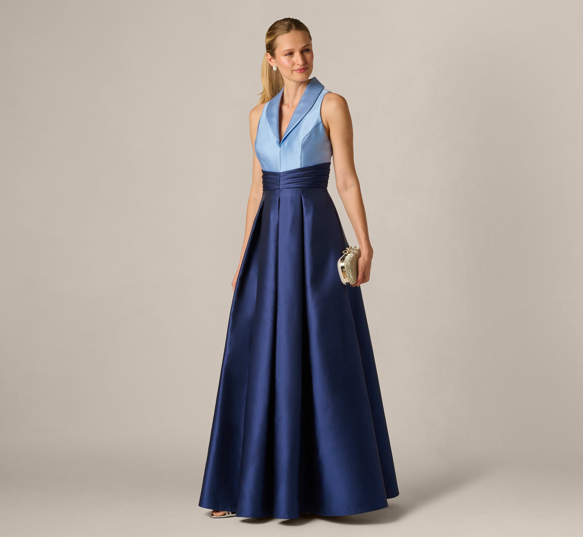 Sleeveless Color Block Tuxedo Ballgown In Icy Topaz Navy - Adrianna Papell