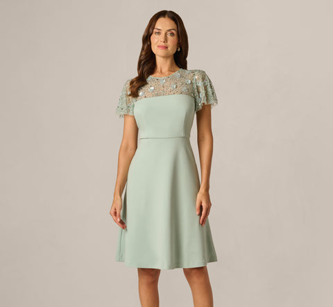 Green Flutter Sleeve Beaded Illusion Short Dress - Adrianna Papell
