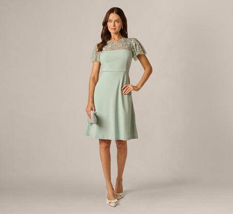 Green Flutter Sleeve Beaded Illusion Short Dress - Adrianna Papell