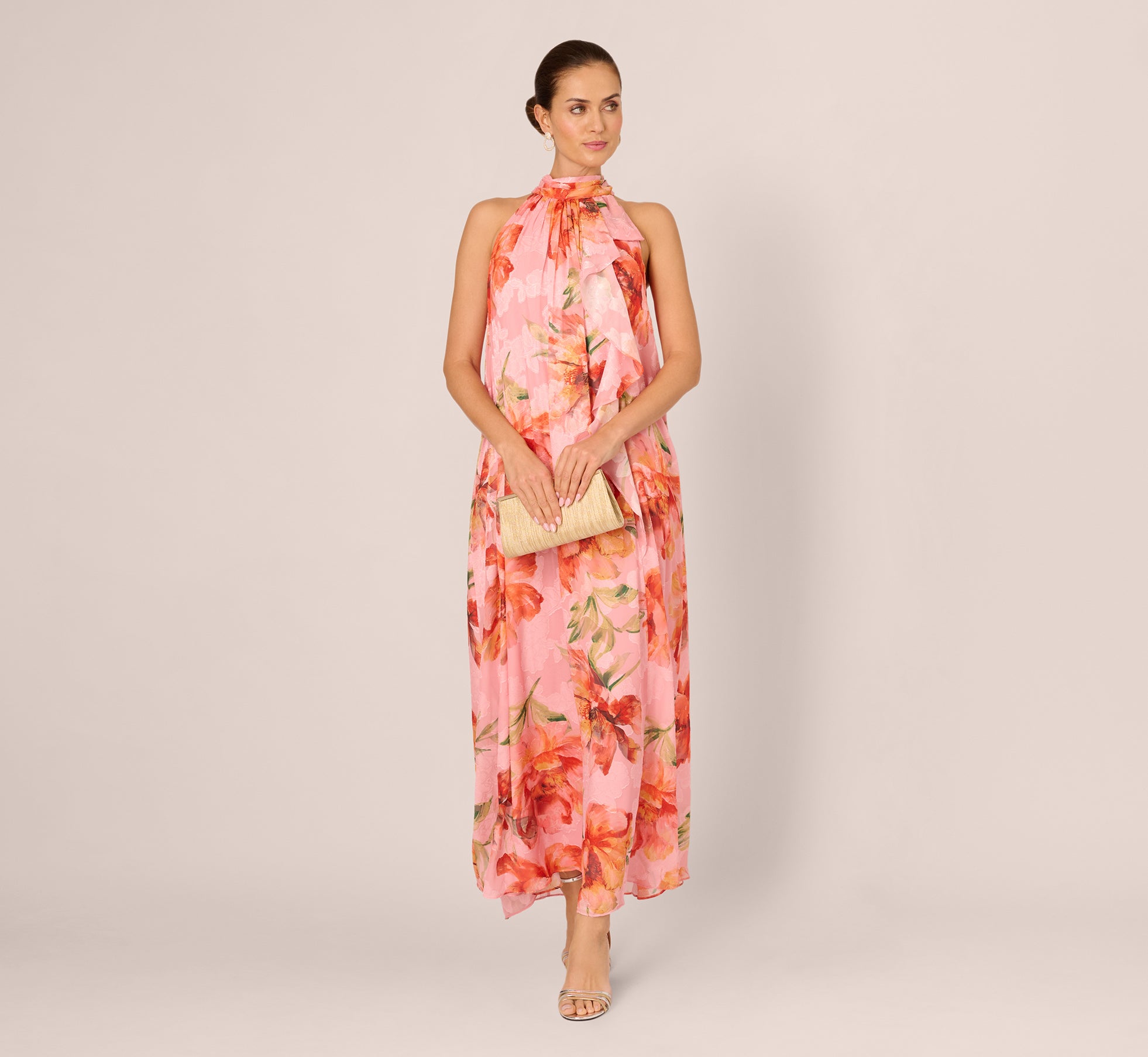Floral Chiffon Trapeze Halter Gown In Pink Multi - Adrianna Papell