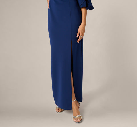 Navy Sculpted Bell Sleeve Column Gown - Adrianna Papell