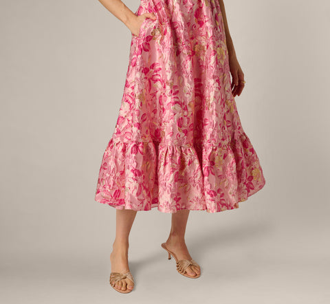 Metallic Floral Jacquard Ruffle Midi Dress In Pink Multi - Adrianna Papell