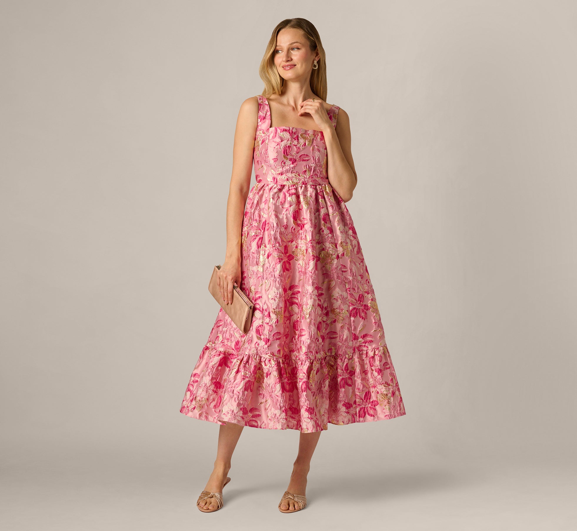 Metallic Floral Jacquard Ruffle Midi Dress In Pink Multi - Adrianna Papell